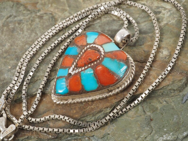 Vintage Southwest Sterling Silver Turquoise and Coral Heart Pendant ...