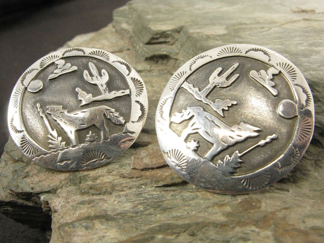 Vintage Large Hopi Overlay Sterling Silver Wolf / Coyote Earrings by ...