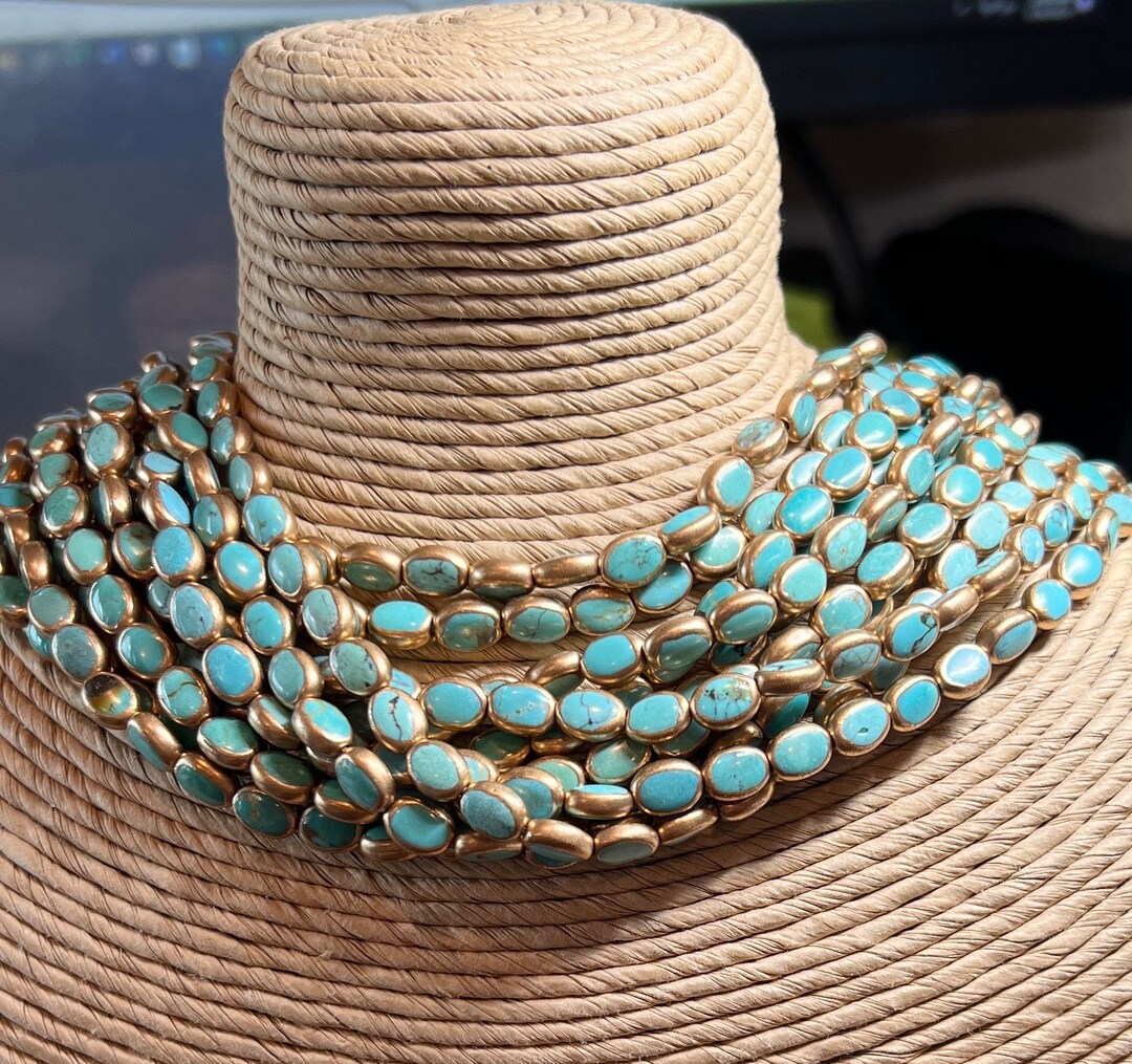 Gold Edged Turquoise Pebble Bead 8x6mm. NOT a Complete Necklace; This ...