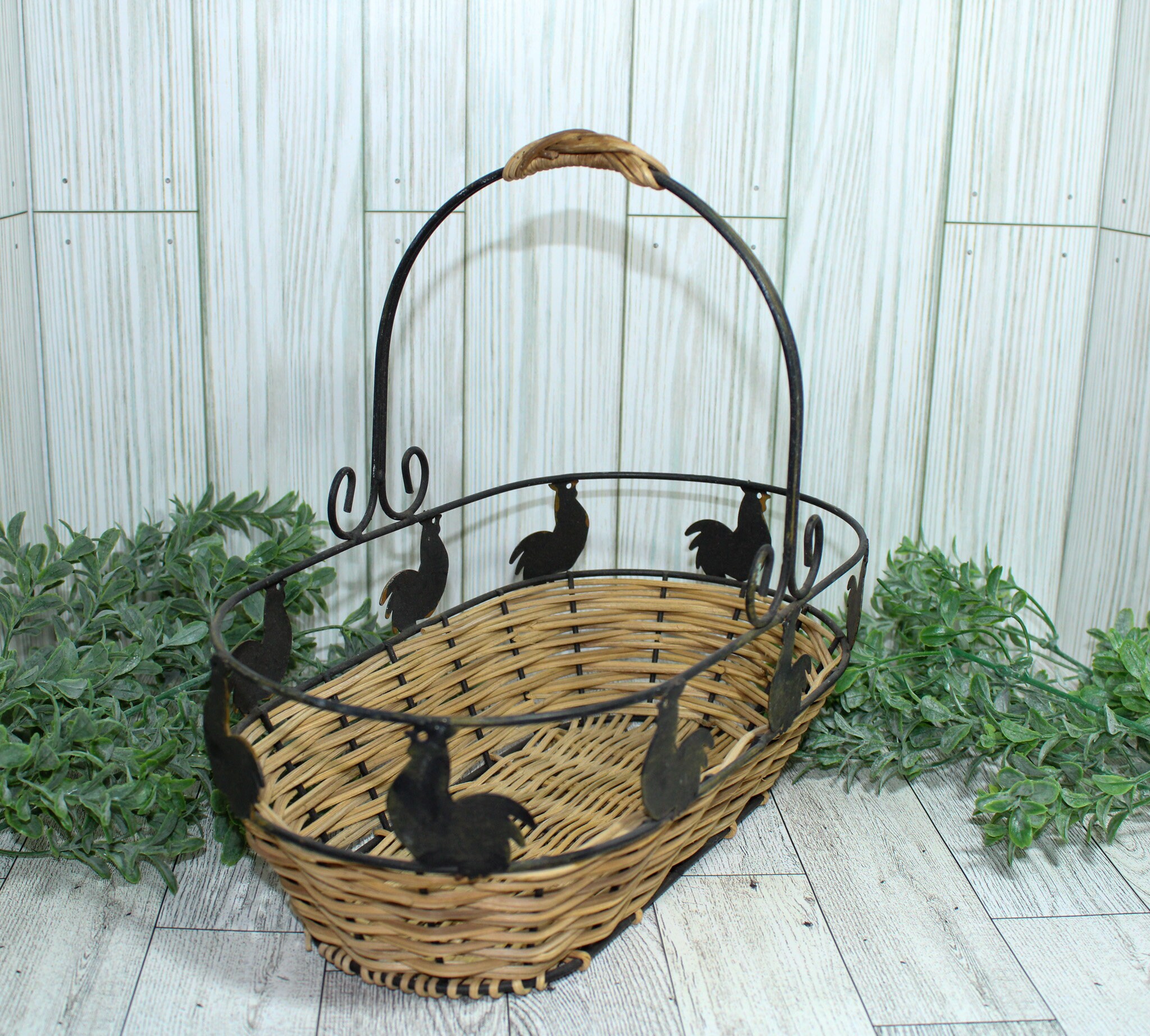 Rooster Metal and Wicker Handled Basket Farmhouse Decor Rooster Decor ...