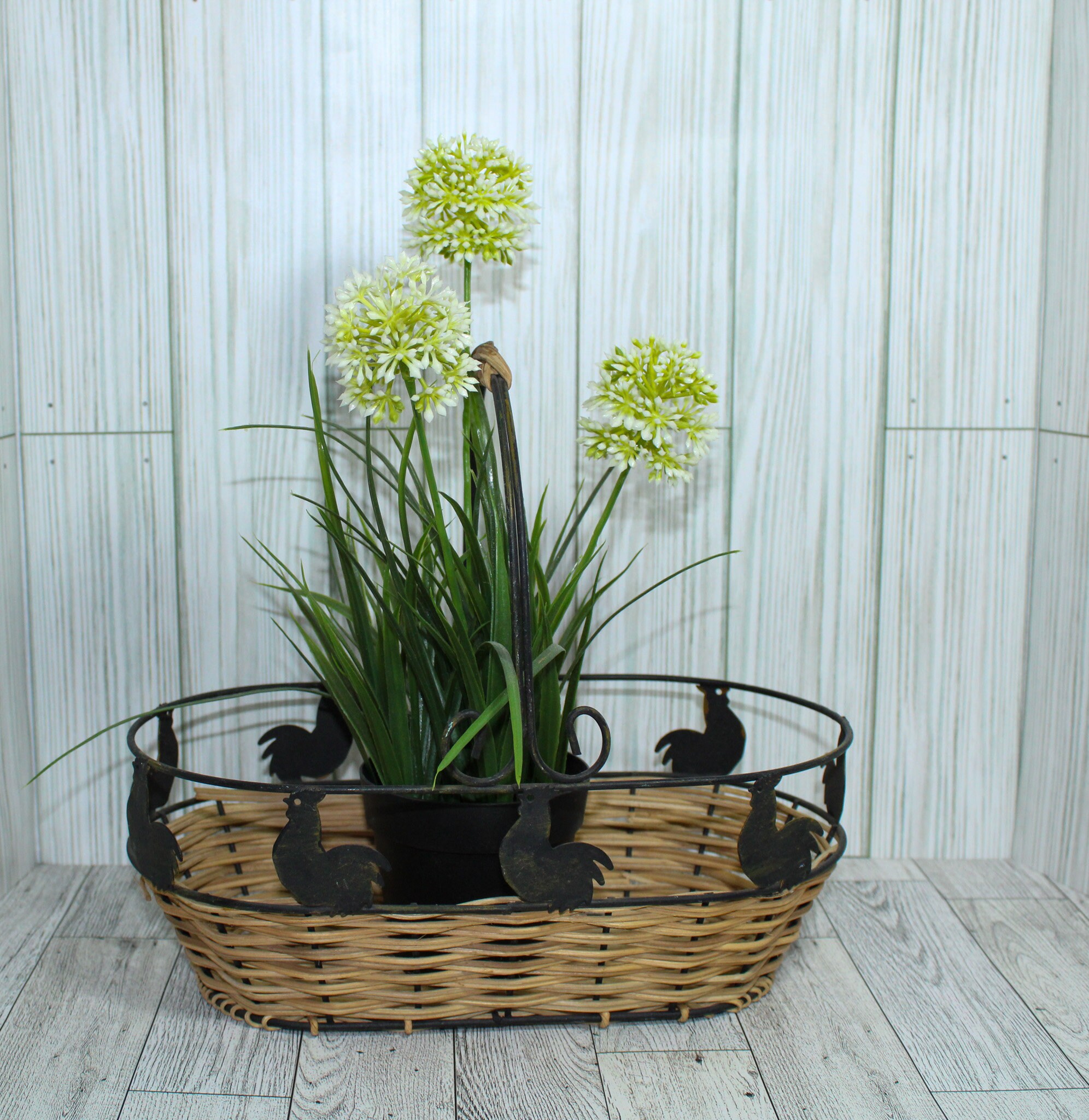 Rooster Metal and Wicker Handled Basket Farmhouse Decor Rooster Decor ...