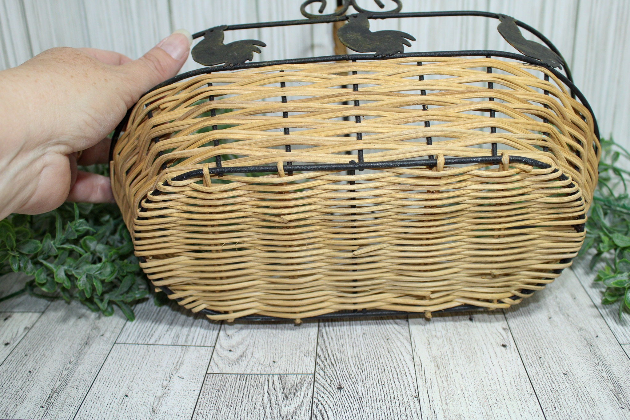 Rooster Metal and Wicker Handled Basket Farmhouse Decor Rooster Decor ...
