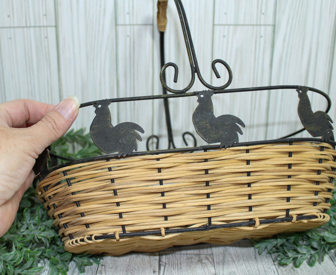 Rooster Metal and Wicker Handled Basket Farmhouse Decor Rooster Decor ...