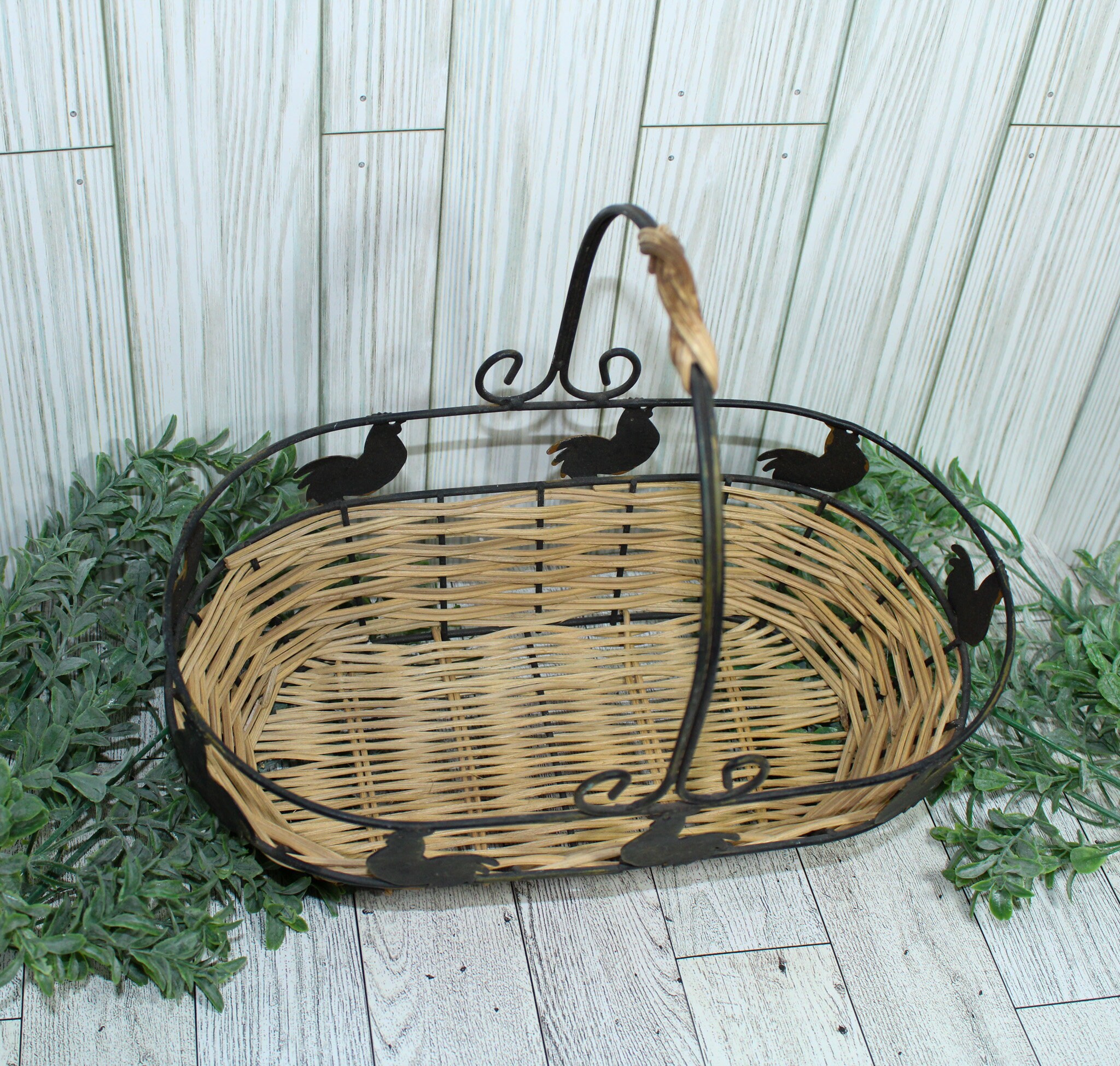 Rooster Metal and Wicker Handled Basket Farmhouse Decor Rooster Decor ...