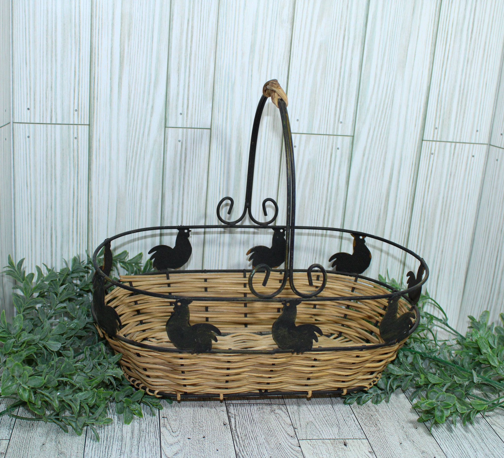 Rooster Metal and Wicker Handled Basket Farmhouse Decor Rooster Decor ...