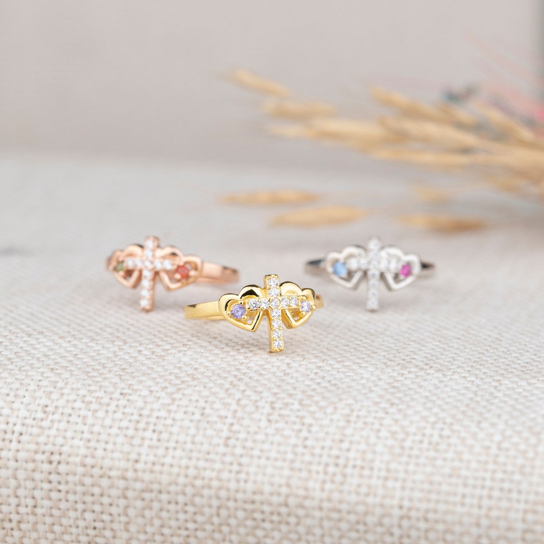 Cross Ring, Double Birthstone Ring, Heart Ring, Sterling Silver Ring ...