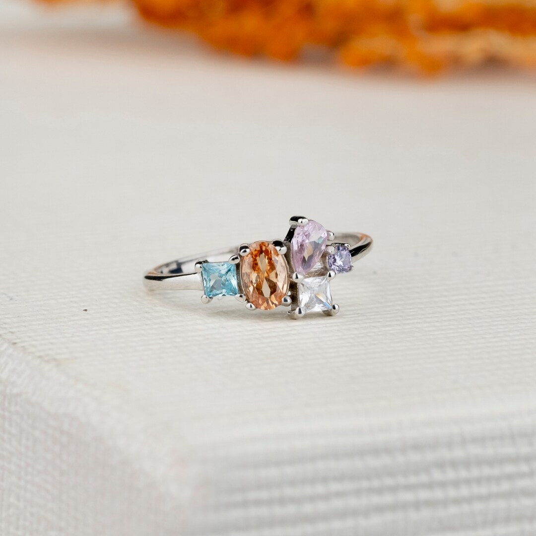 5 Birthstones Ring, Family Ring, Mother Day Gift, Sterling Silver Ring ...