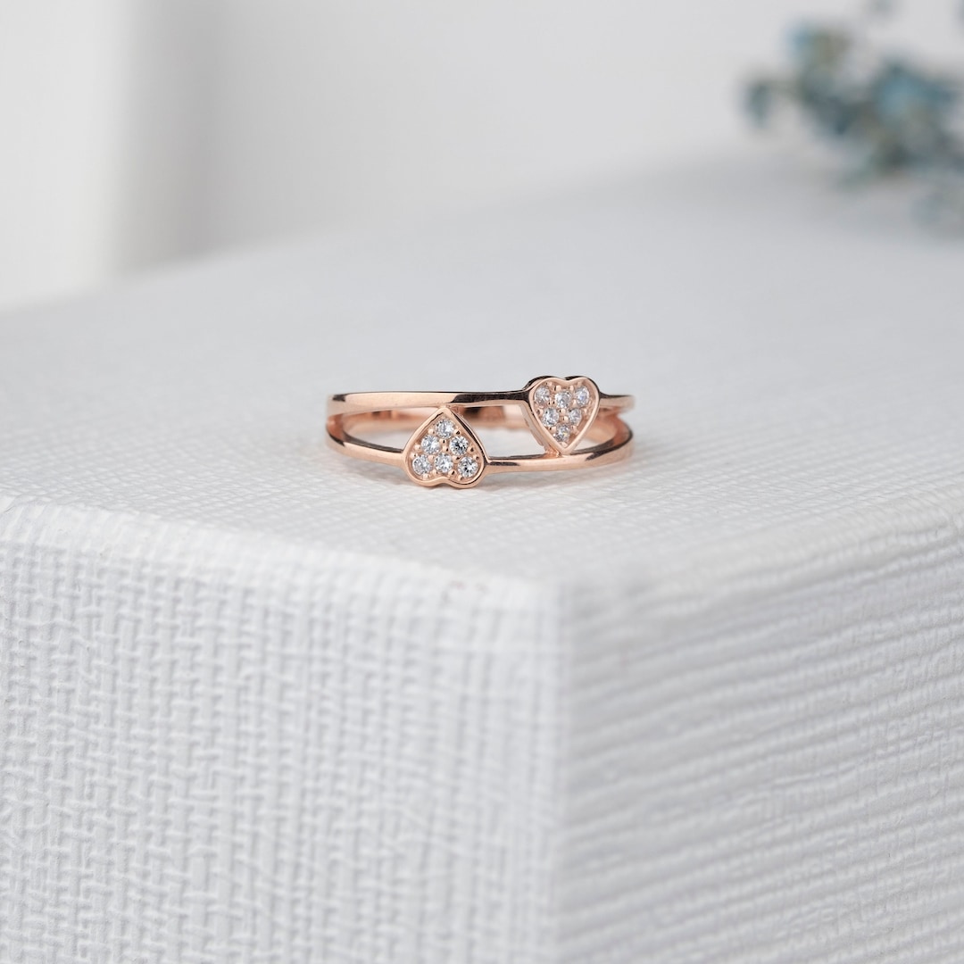 Dainty Double Heart Diamond Ring, Sterling Silver Family Ring - Etsy