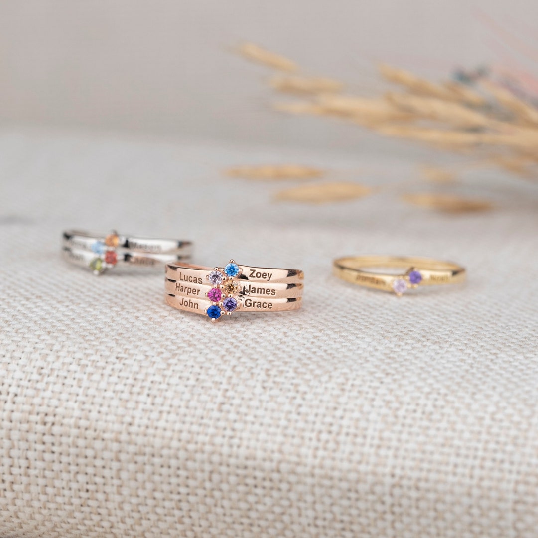 2-4-6 Names Engraving Ring, Birthstone Ring, Family Names Ring, Mothers ...