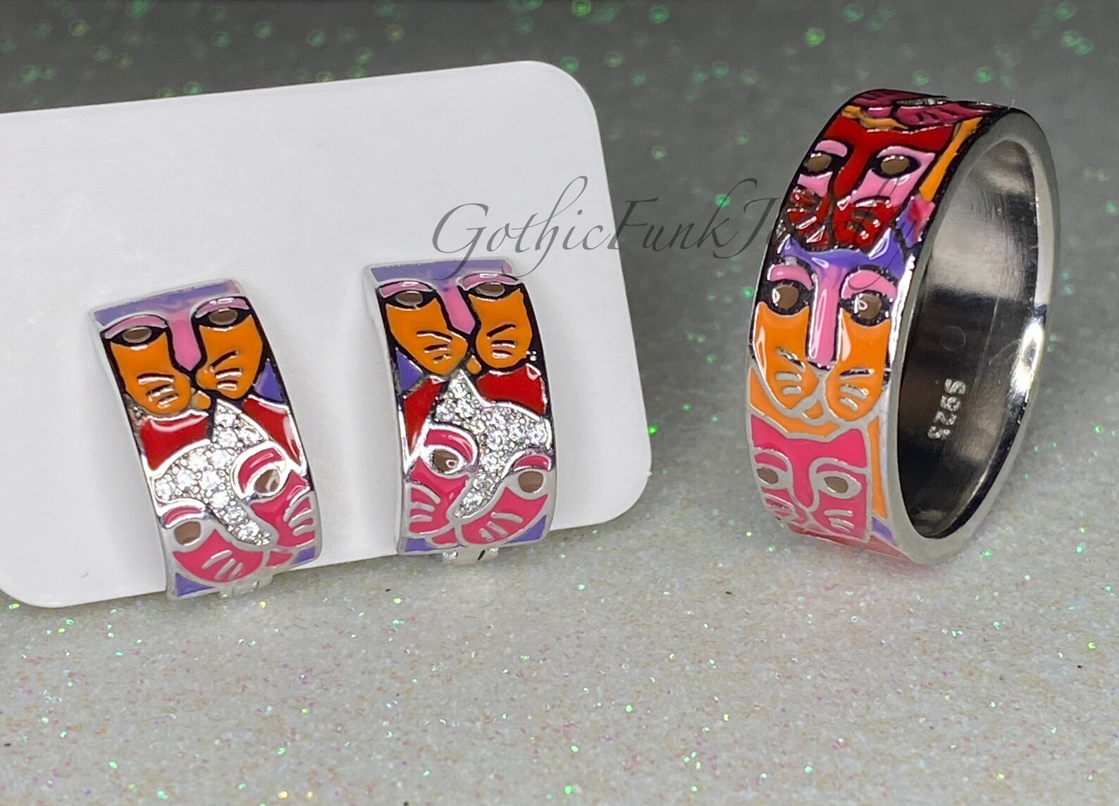 Enamel Abstract Face Ring-face Band Ring-silver Band - Etsy