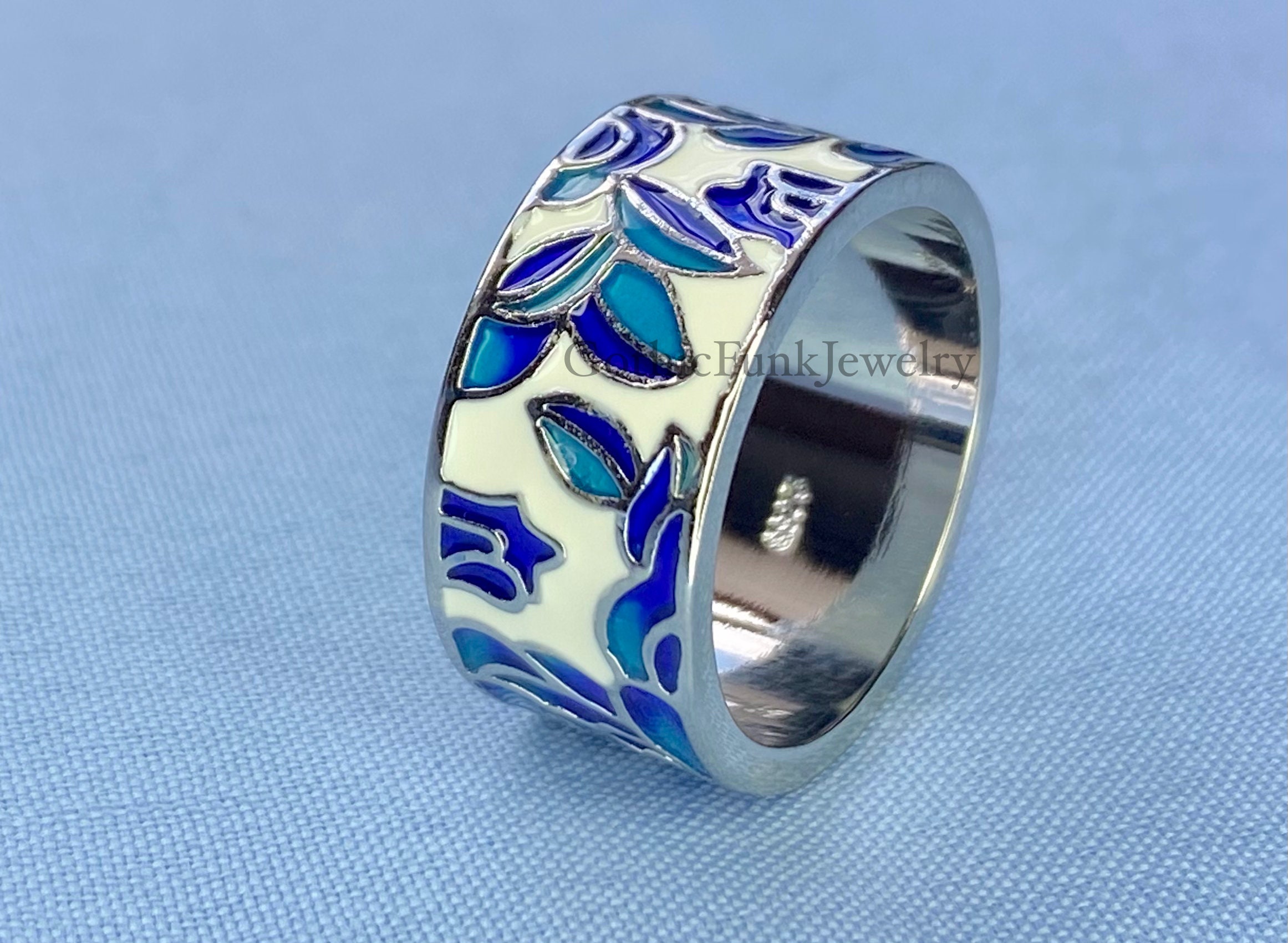 Blue Enamel Flower Ring | Sterling Silver Band - Etsy