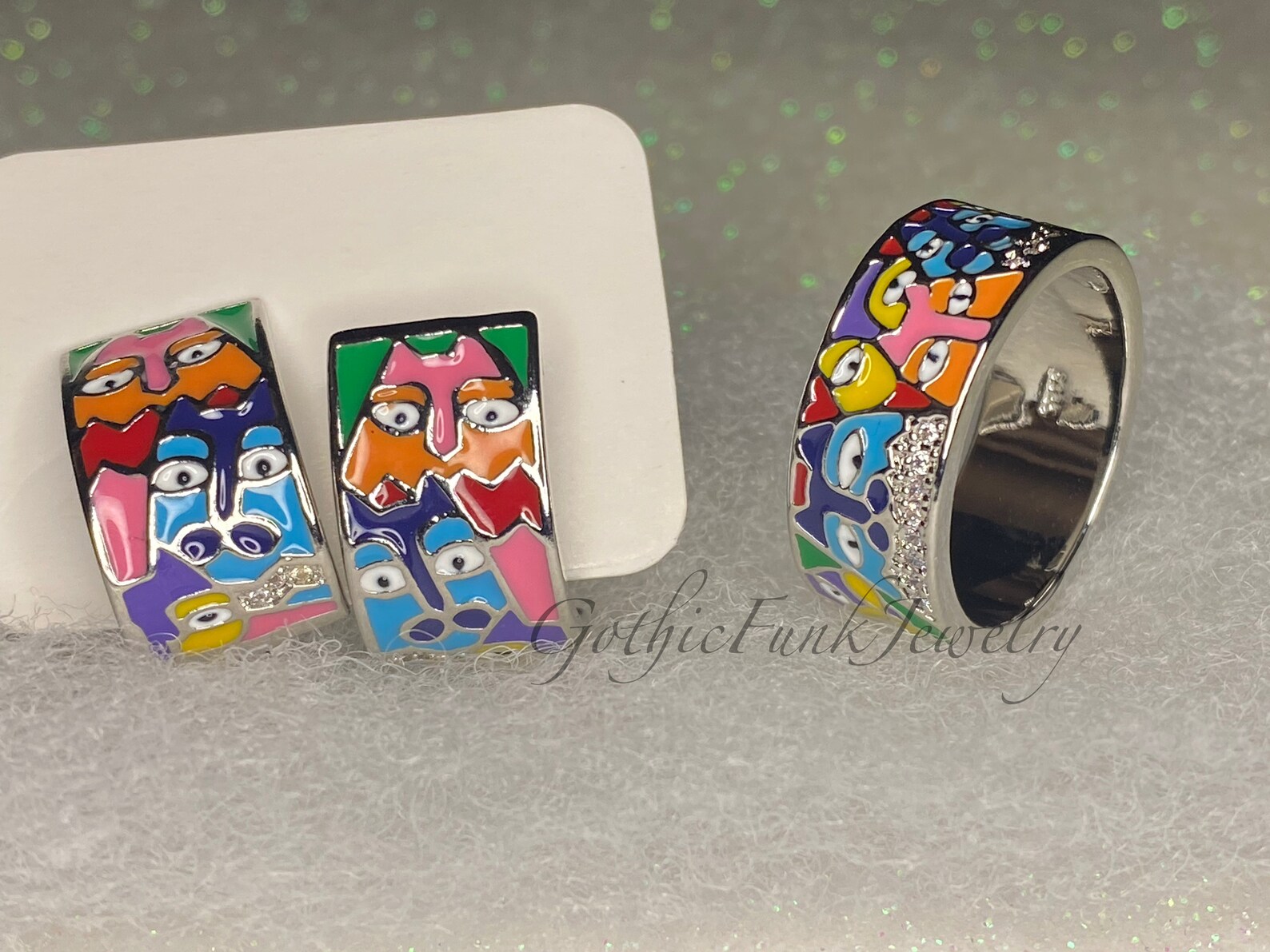 Enamel Abstract Face Ring-face Band Ring-silver Band - Etsy