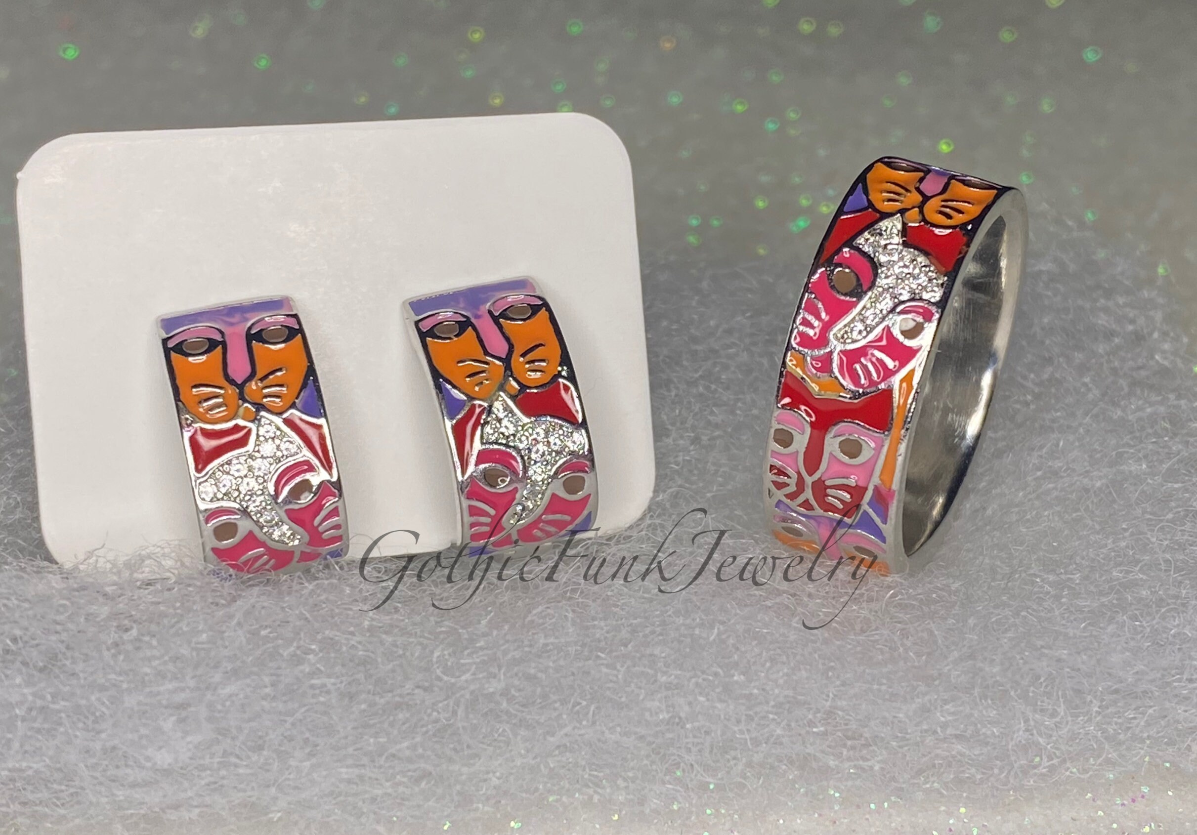 Enamel Abstract Face Ring-face Band Ring-silver Band - Etsy