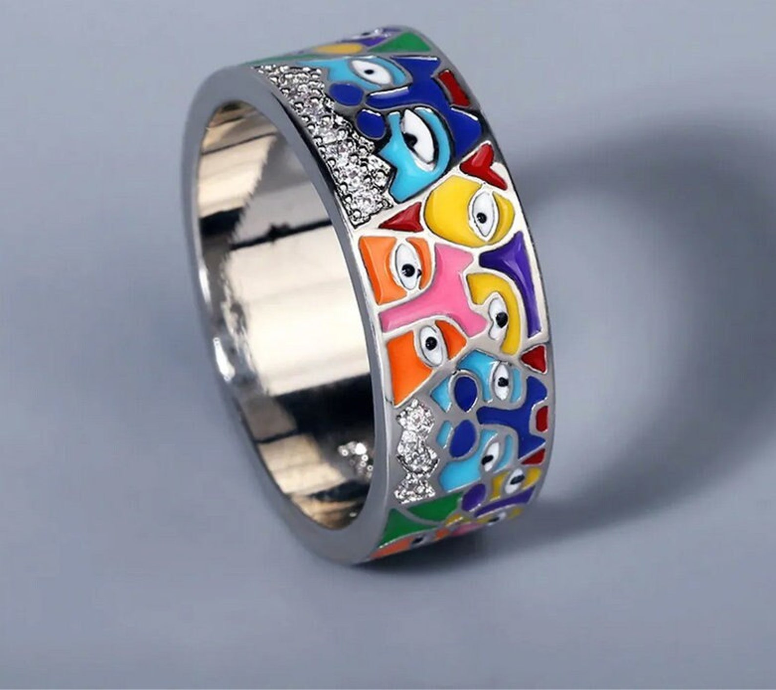 Enamel Abstract Face Ring-face Band Ring-silver Band - Etsy