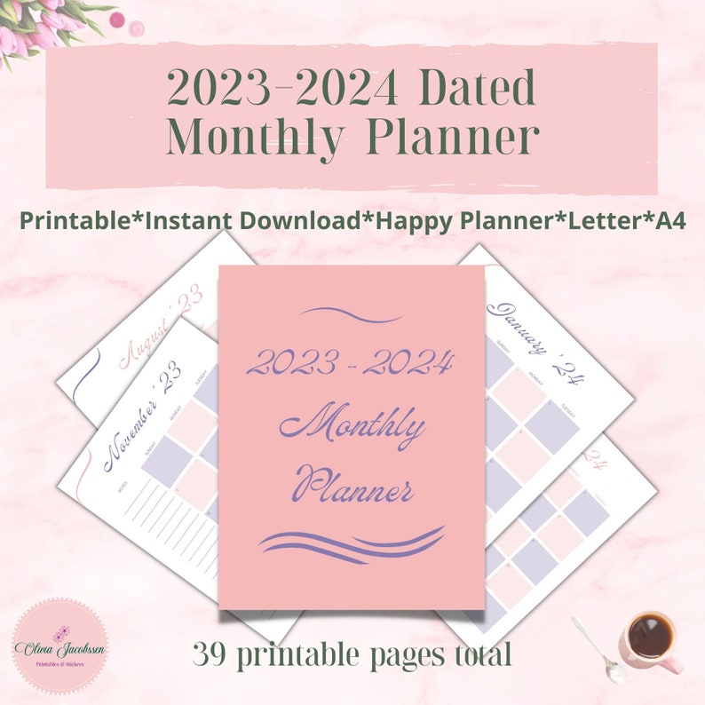 2023-2024 Printable Dated Monthly Planner, 2 Pages per Month Planner ...