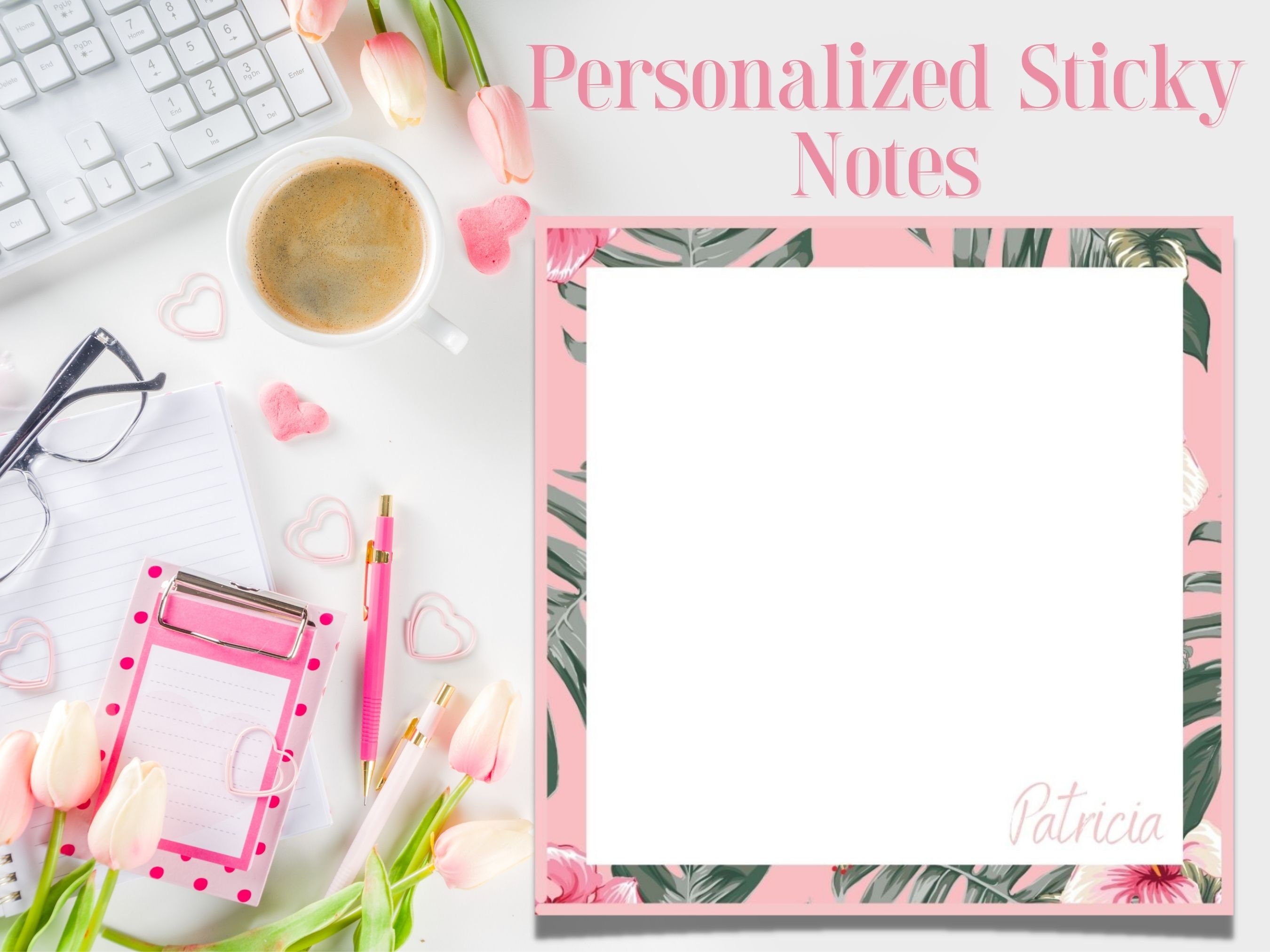 Personalized Sticky Notes Pink Tropical Design, Personalized Notepad ...