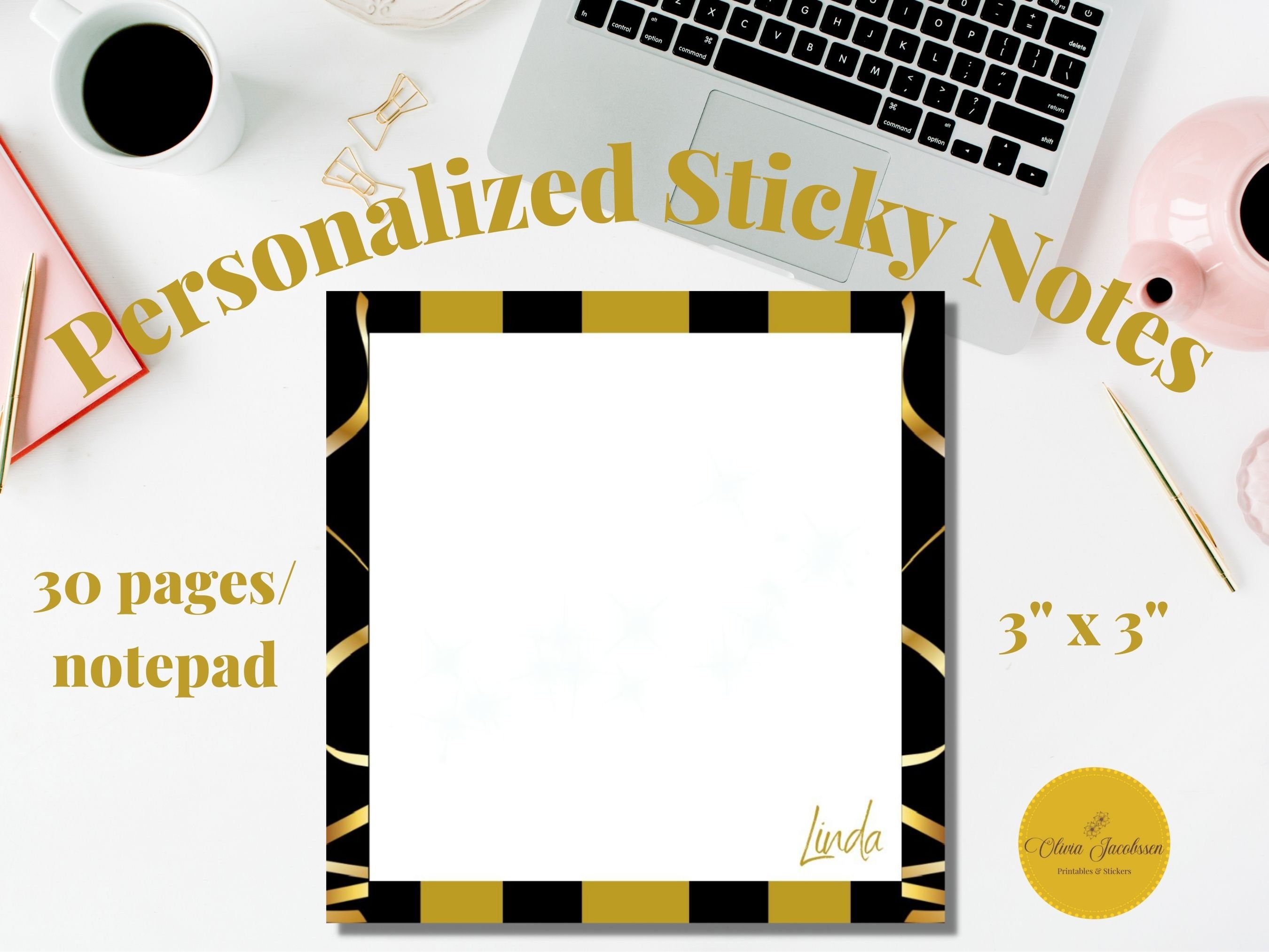 Personalized Black and Gold Sticky Notes, Personalized Sticky Notepad ...