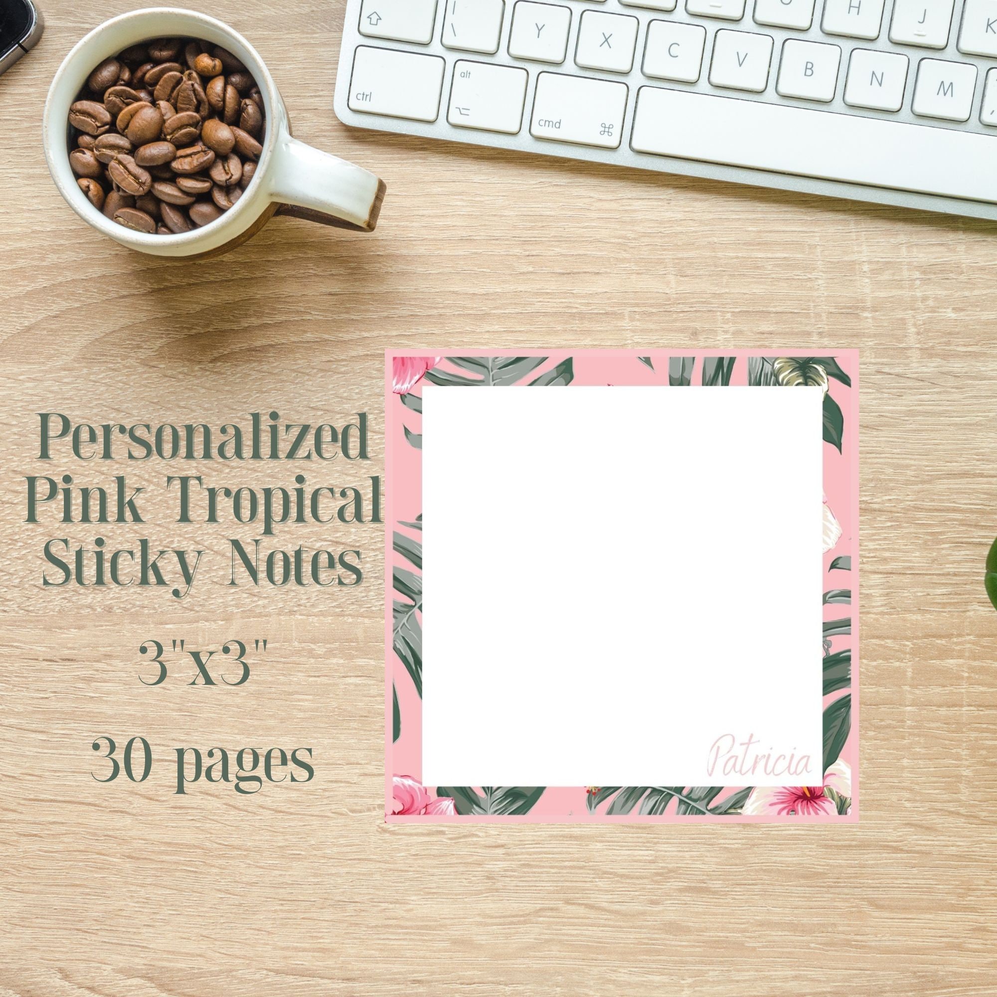 Personalized Sticky Notes Pink Tropical Design, Personalized Notepad ...