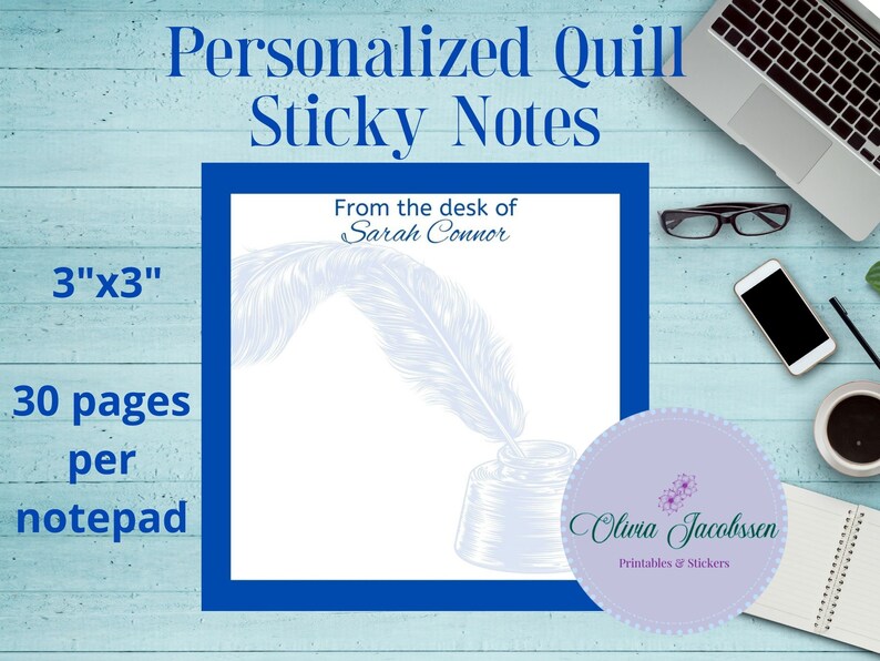 Personalized Quill & Inkwell Sticky Notes, Personalized Gift, Gift for ...