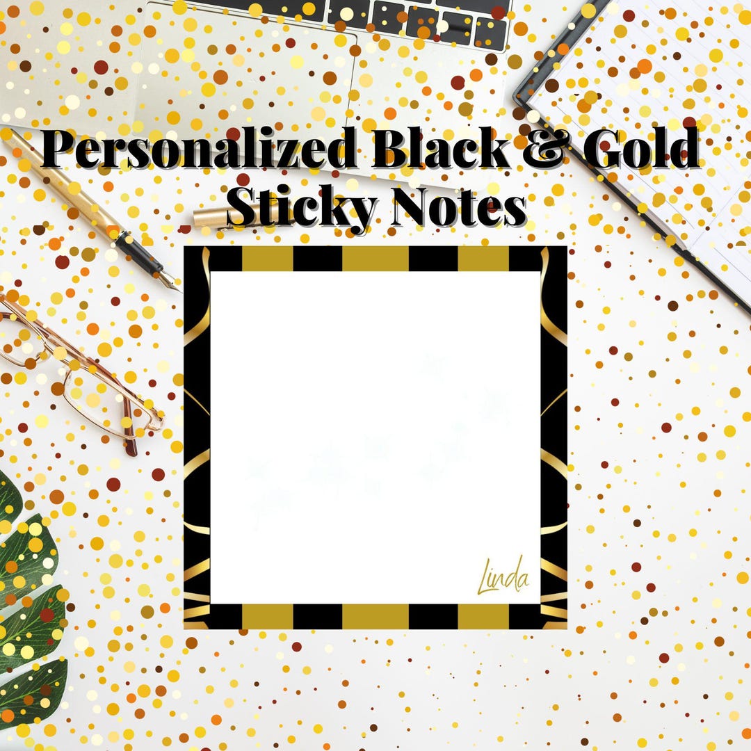 Personalized Black and Gold Sticky Notes, Personalized Sticky Notepad ...