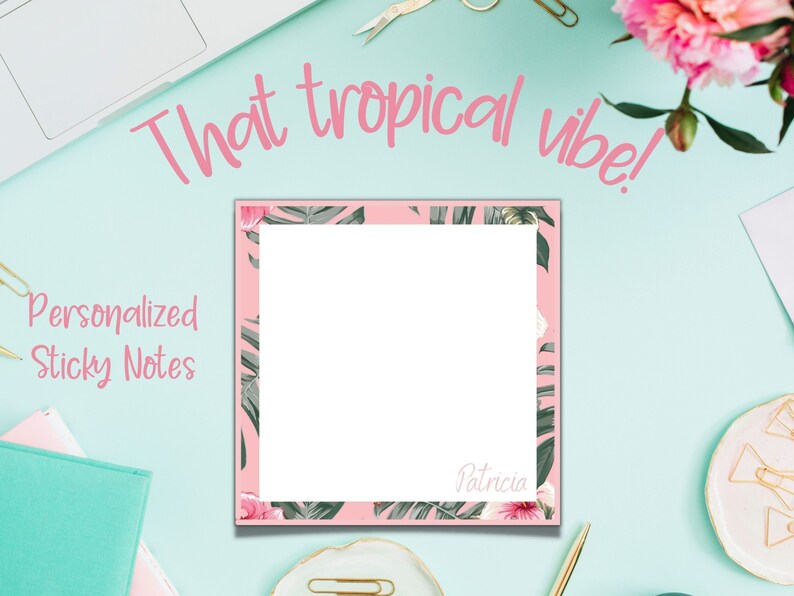 Personalized Sticky Notes Pink Tropical Design, Personalized Notepad ...