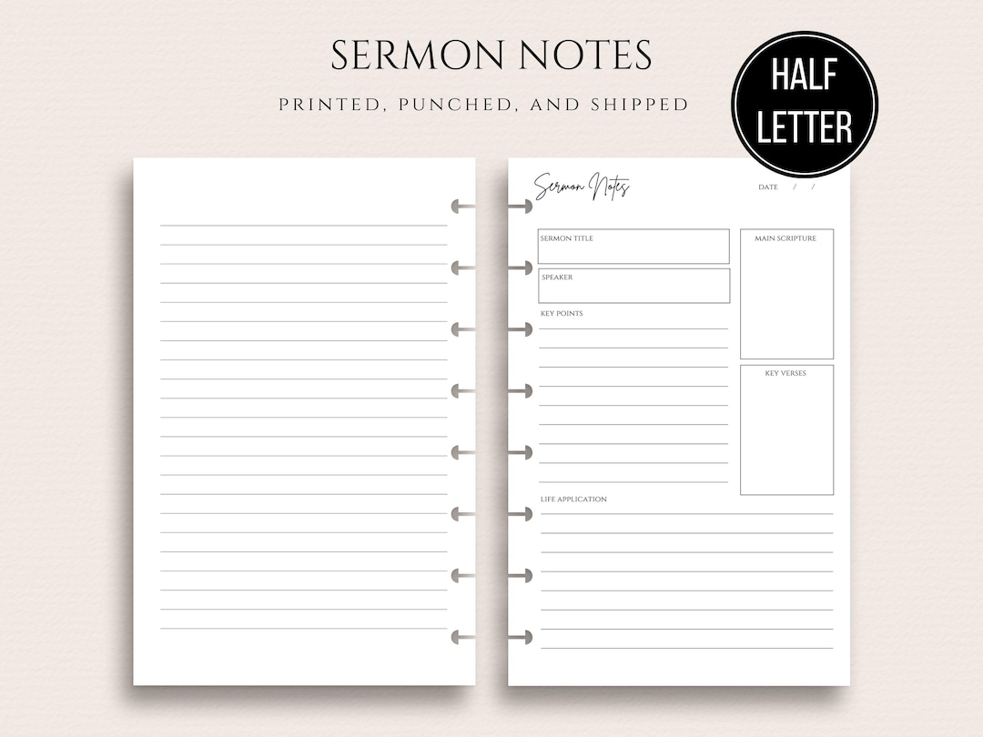 Sermon Notes Inserts for Half Letter Discbound Planner PRINTED Church ...