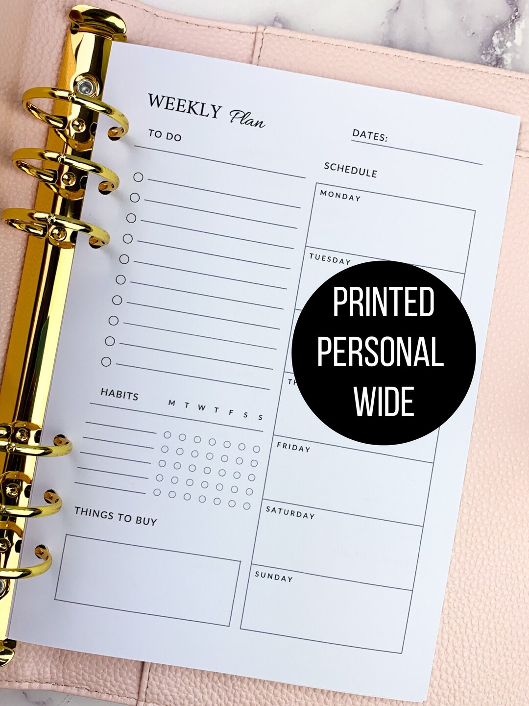 PERSONAL WIDE Weekly Planner Inserts PRINTED Week on One Page Detailed ...