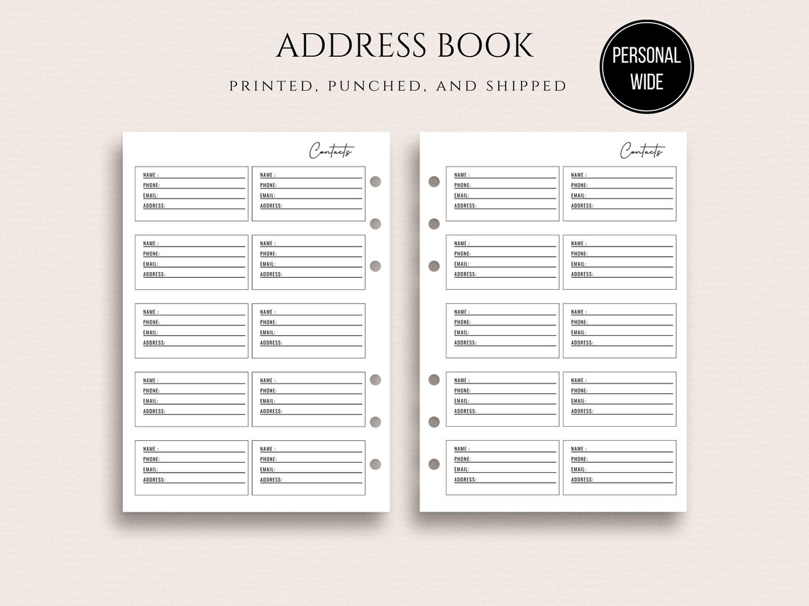 Personal Wide Address Book Inserts Contacts List for 6-ring Personal ...