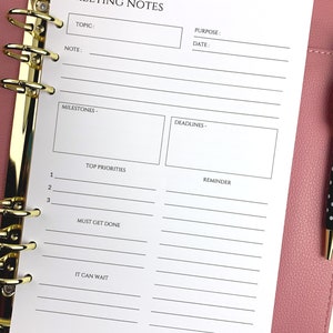 A5 Meeting Notes Inserts PRINTED | Work Meeting Notes Printed Planner ...
