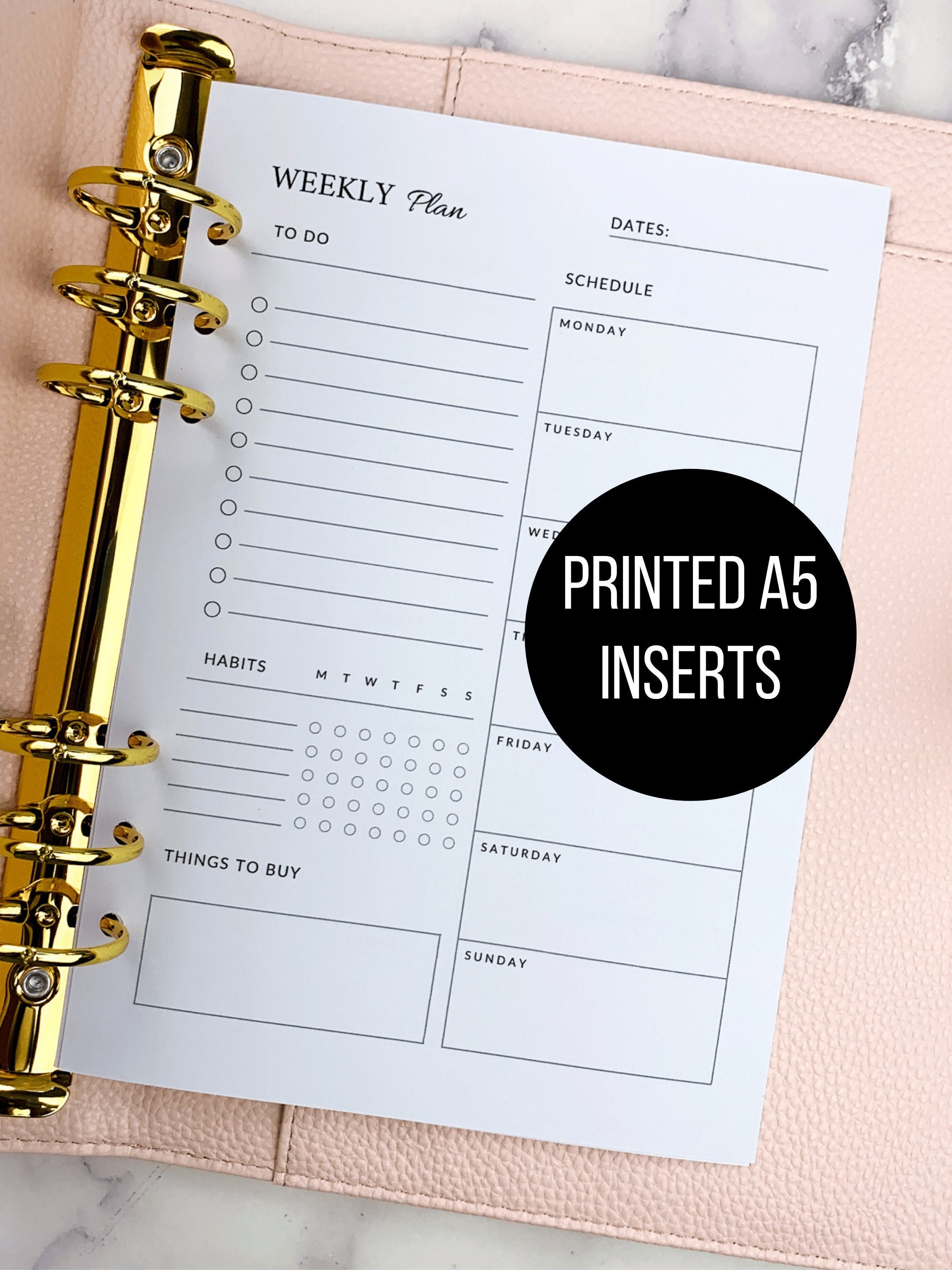 A5 Planner Inserts PRINTED | Week on One Page Detailed | A5 Weekly ...