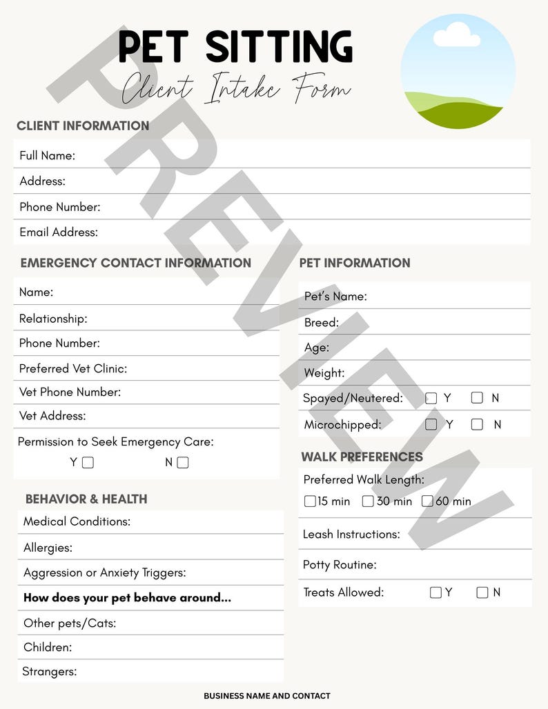 Editable Pet Sitter Intake Form Canva Template | Dog Walker Client Form ...