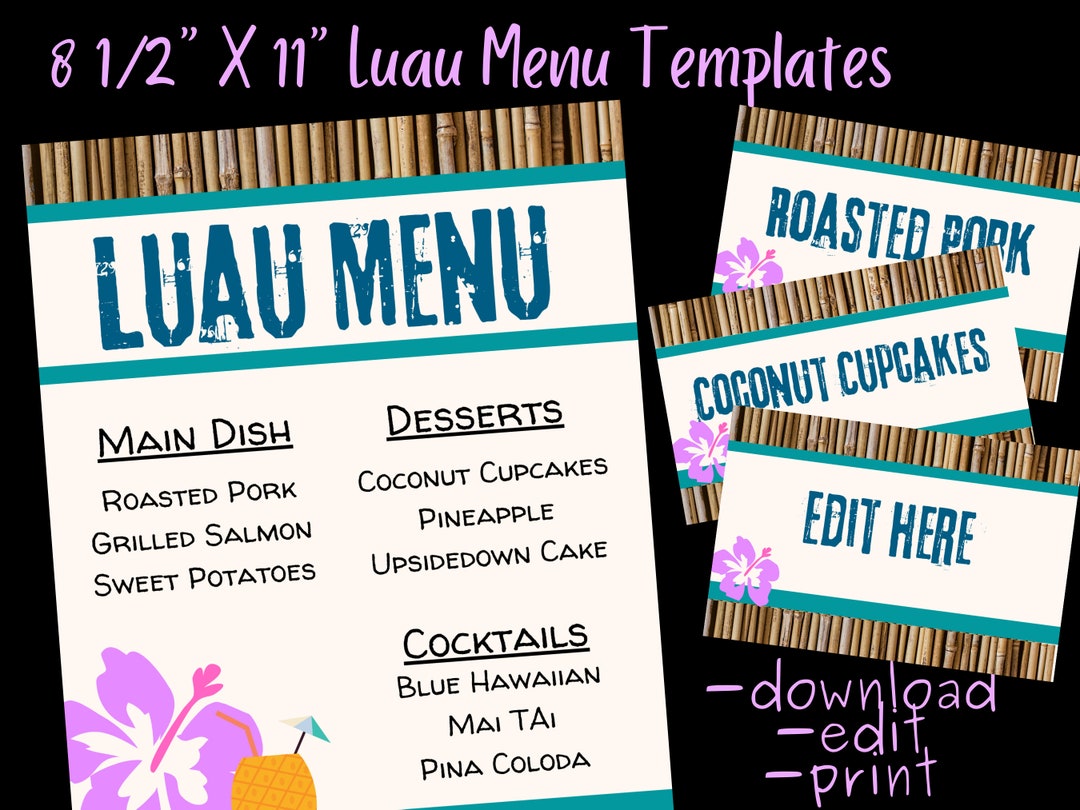 Digital Menu Card Design Template, Luau Party Theme Menu, Birthday ...