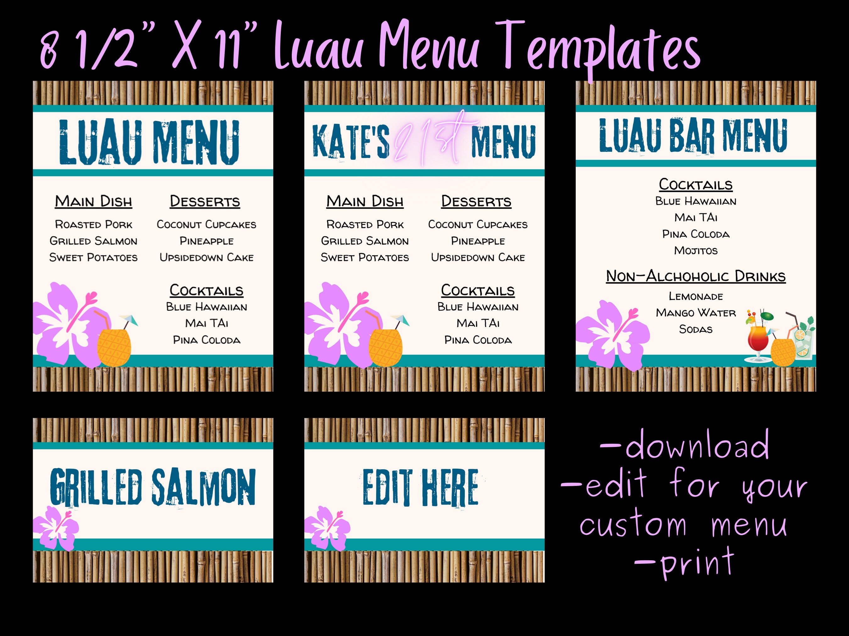 Digital Menu Card Design Template, Luau Party Theme Menu, Birthday ...