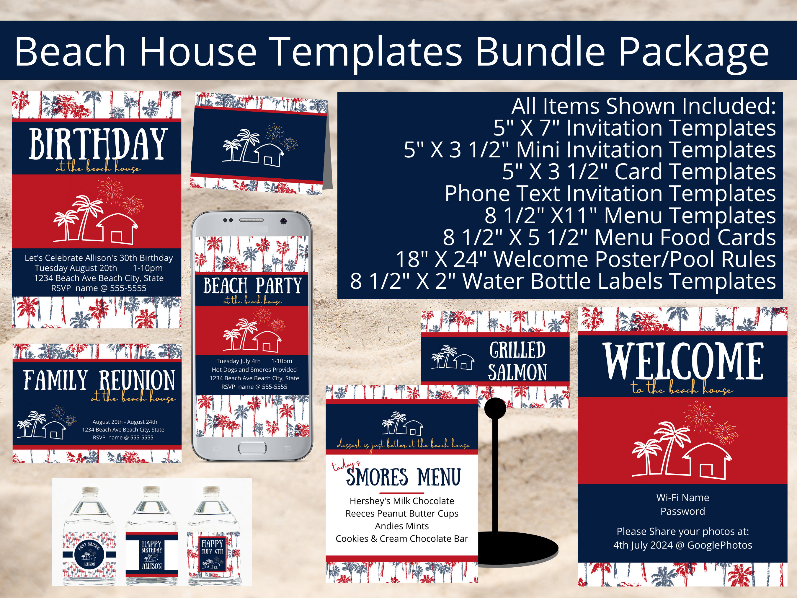 Beach House Template Bundle, Invitations, Menus, Phone Text Invite ...