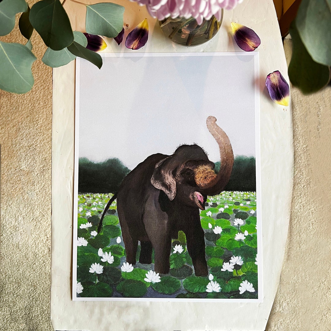 Elephant Art Print, Lotus Pond Art, Landscape Art Print, Floral Art ...