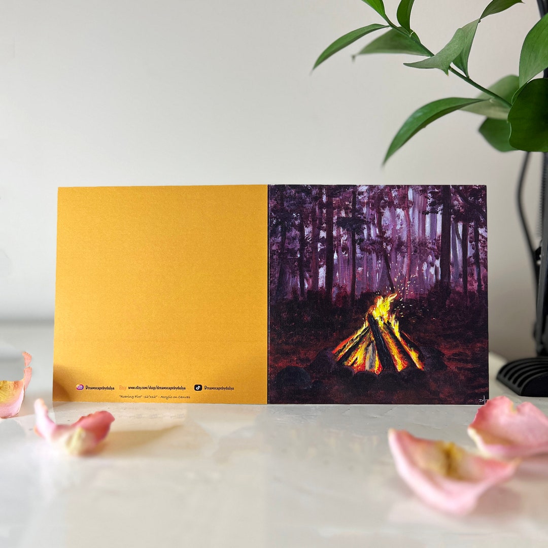 Campfire Art Card, Fire Art Card, Night Fire Art Card, Camping Greeting ...