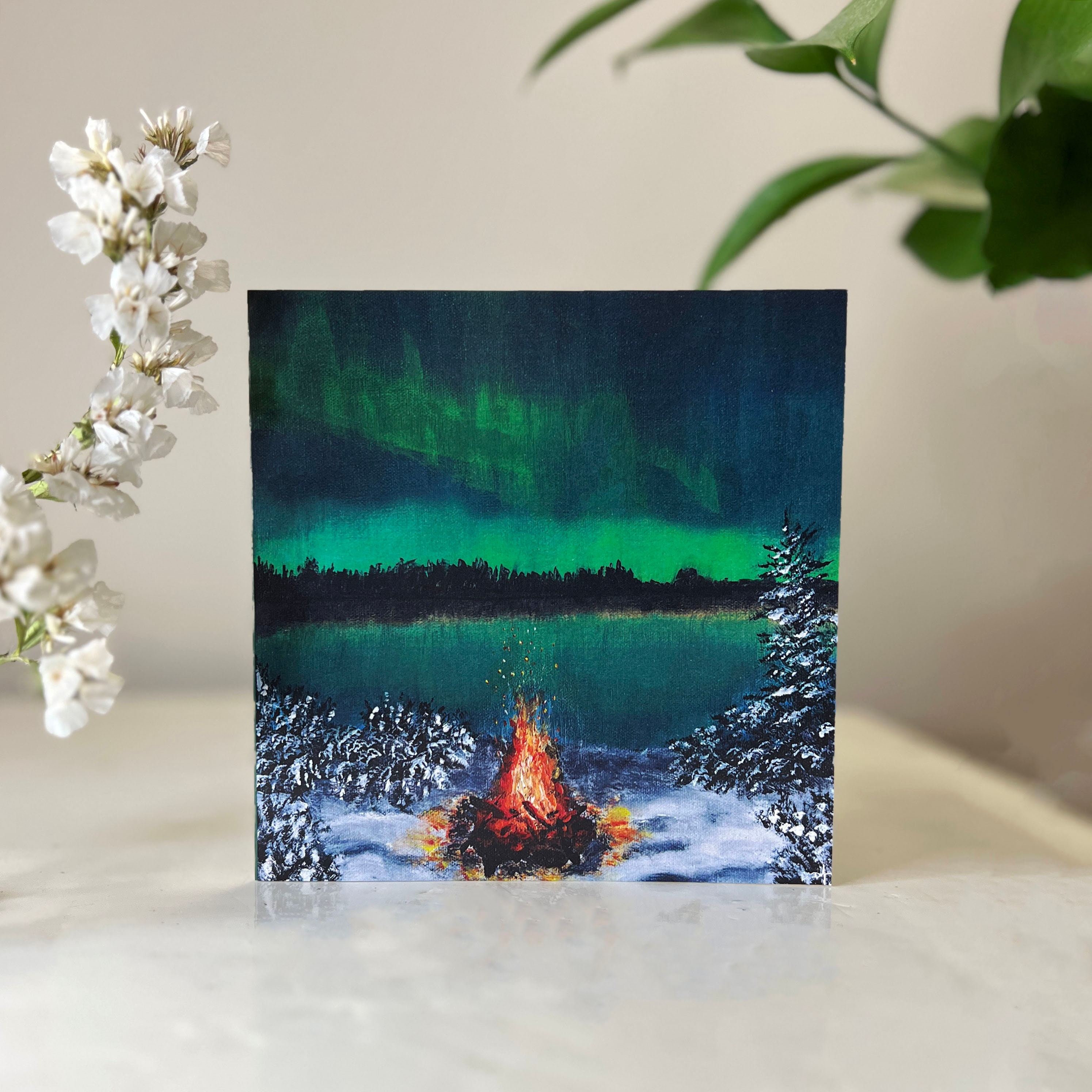 Campfire Greeting Card, Northern Lights Greeting Card, Lake Art Card ...