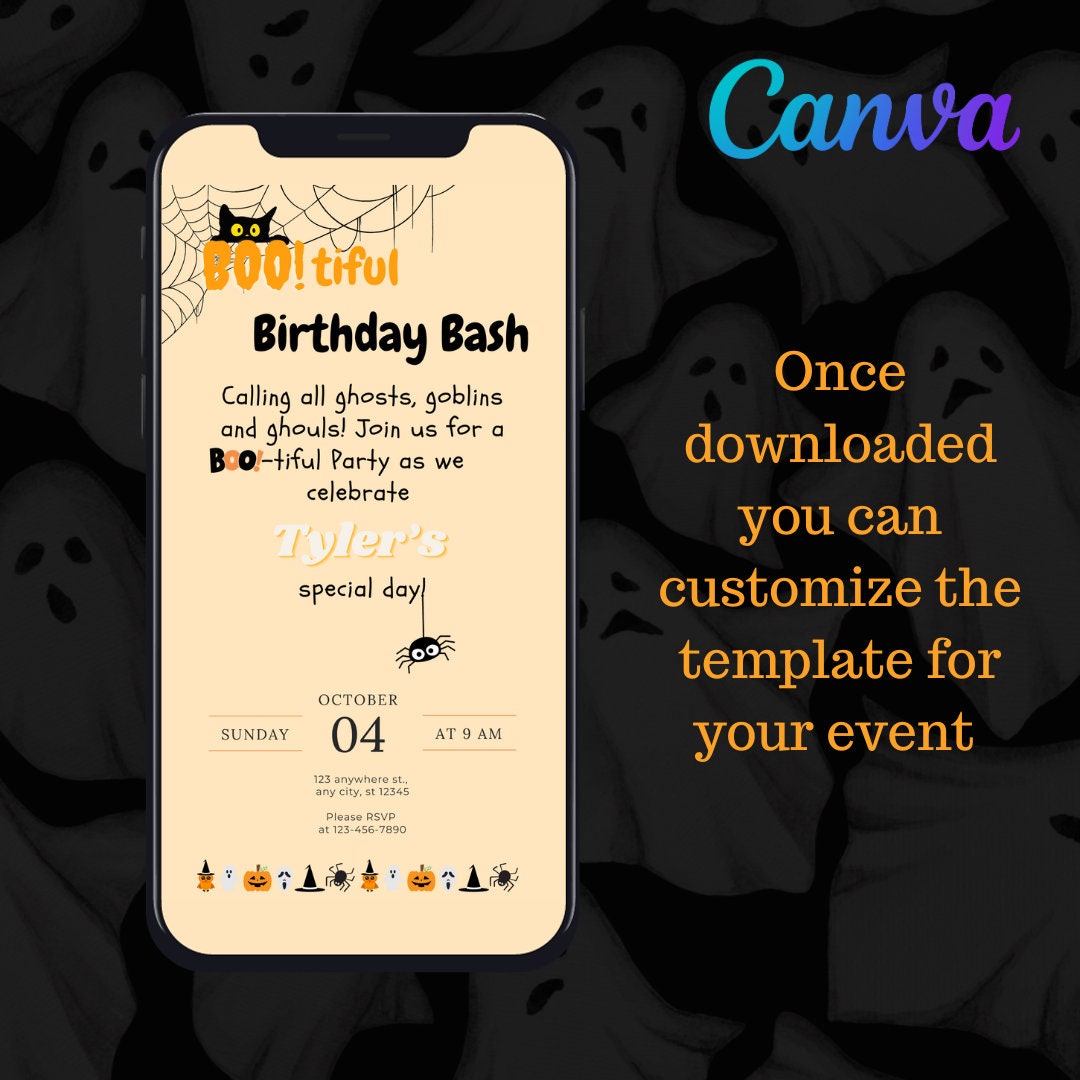 Editable Bootiful Birthday Invitation Canva Template Electronic ...