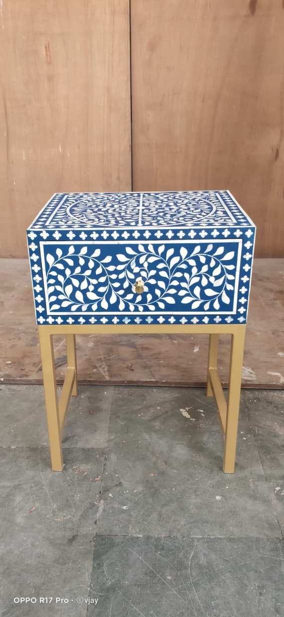 Bone Inlay Nightstand Floral Design With Metal Stand in Blue - Etsy