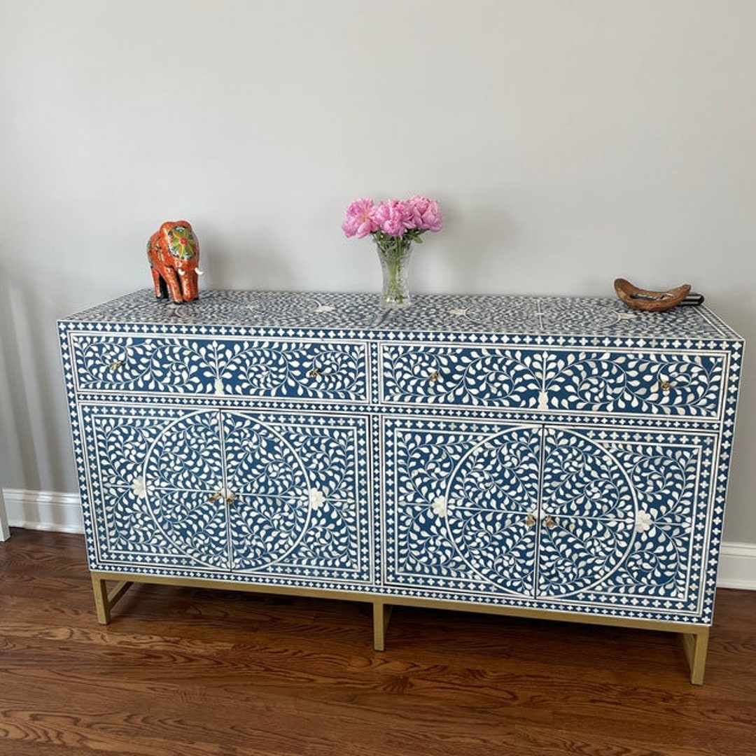 Bone Inlay Cabinet Floral Leaf in Navy Blue, Bone Inlay Cupboard, Bone ...