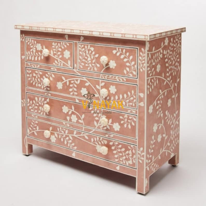 Rose Pink Bone Inlay Chest of 5 Drawers Bone Inlay Dresser - Etsy