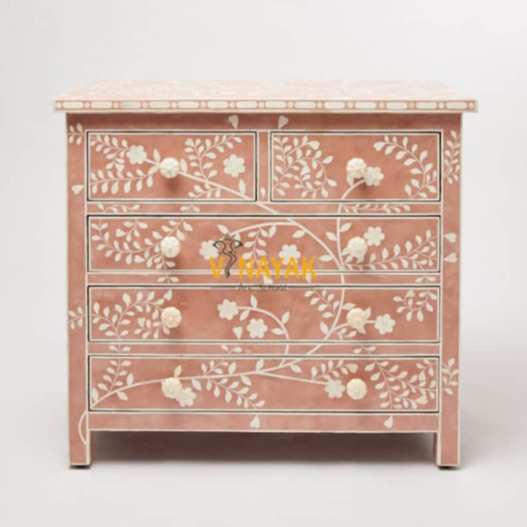 Rose Pink Bone Inlay Chest of 5 Drawers Bone Inlay Dresser Bone Inlay ...