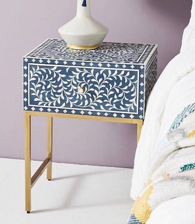 Home & Living Bone Inlay Floral Design Nightstand Table Blue Bone Inlay ...