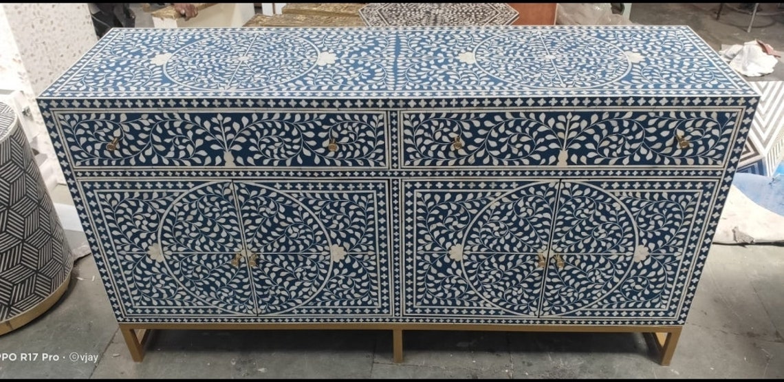 Bone Inlay Cabinet Floral Leaf in Navy Blue Bone Inlay - Etsy