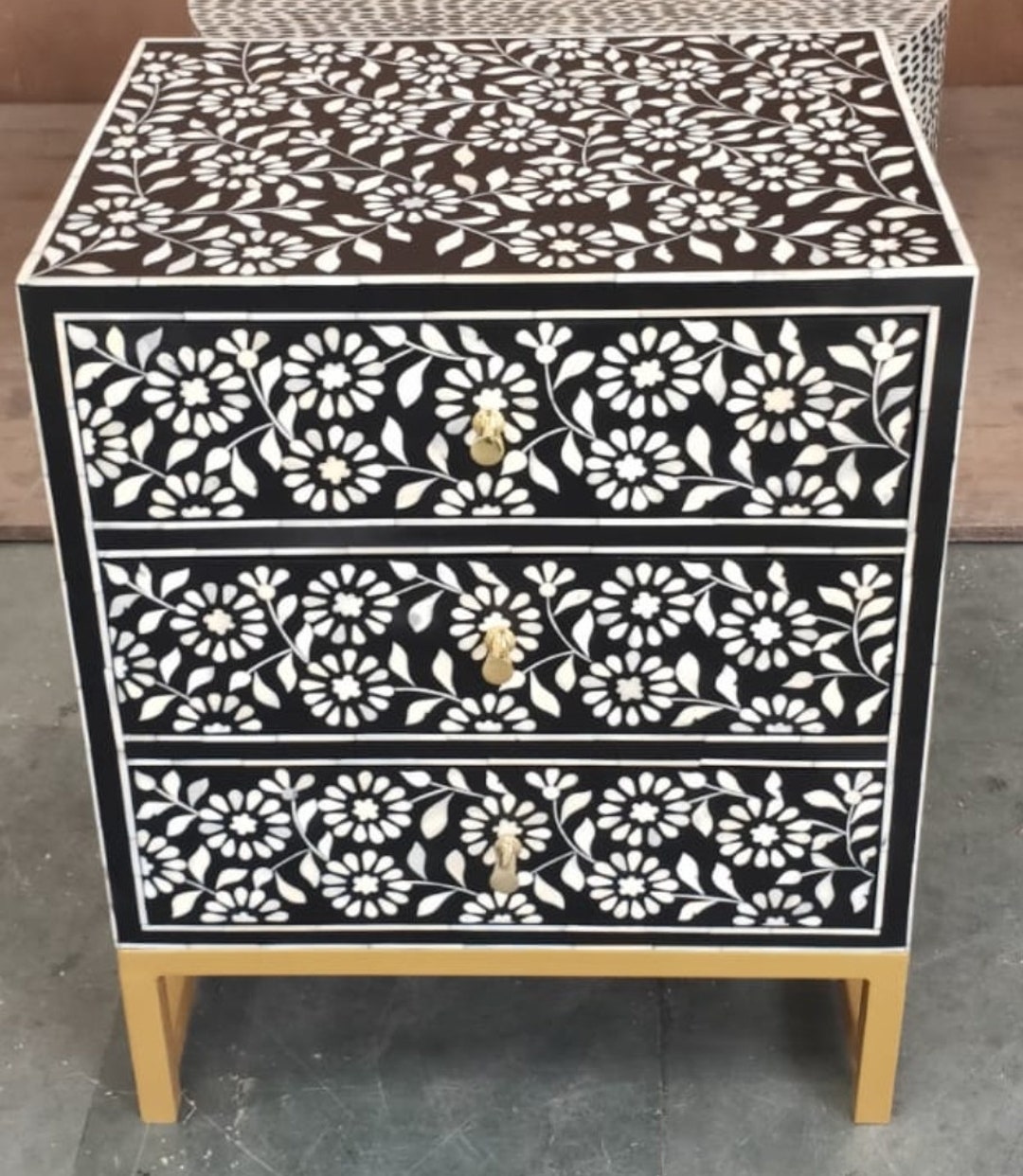 Sun Flower Design Bone Inlay Nightstand Black 3 Drawers - Etsy