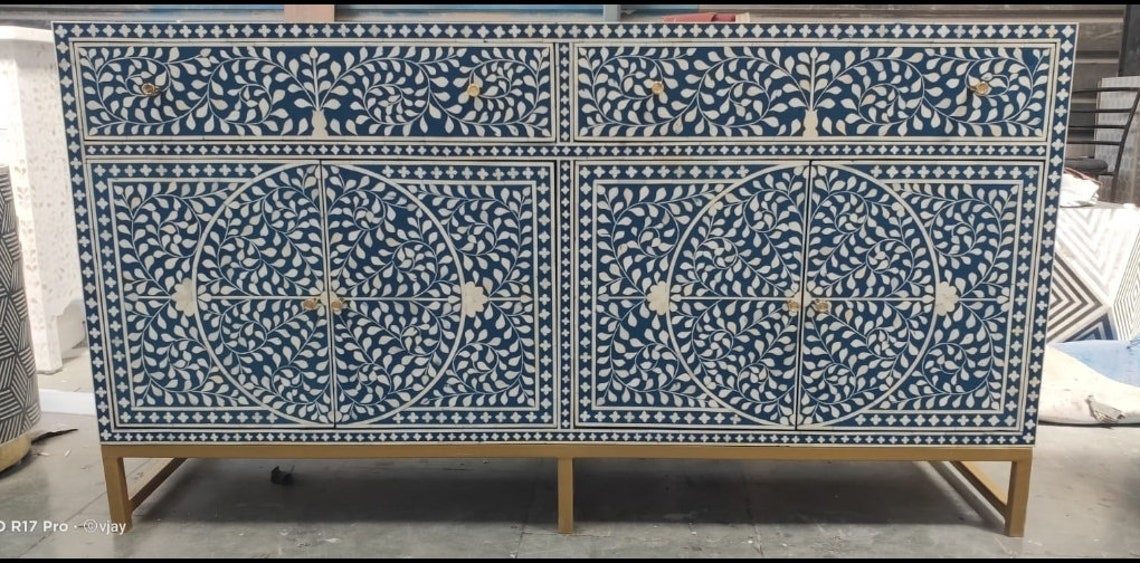 Bone Inlay Cabinet Floral Leaf in Navy Blue Bone Inlay - Etsy