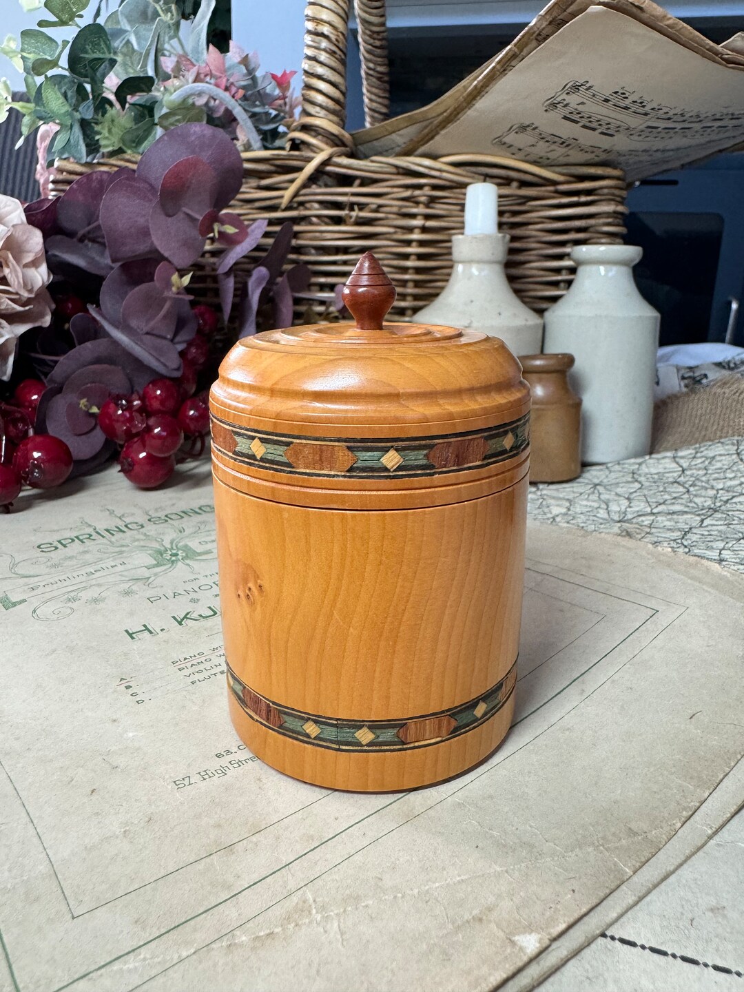 Hand Turned Wooden Cylindrical Storage Box Inlaid With Coloured Wood ...