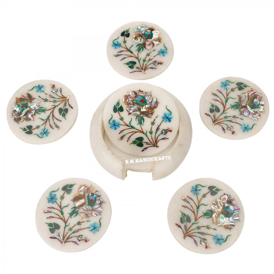 Floral White Marble Inlay Coaster, Gems Stone Inlaid, Table Coaster ...