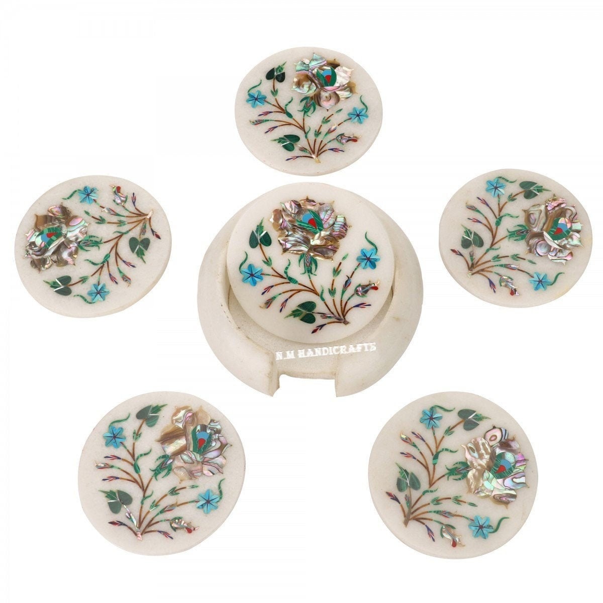 Floral White Marble Inlay Coaster, Gems Stone Inlaid, Table Coaster ...