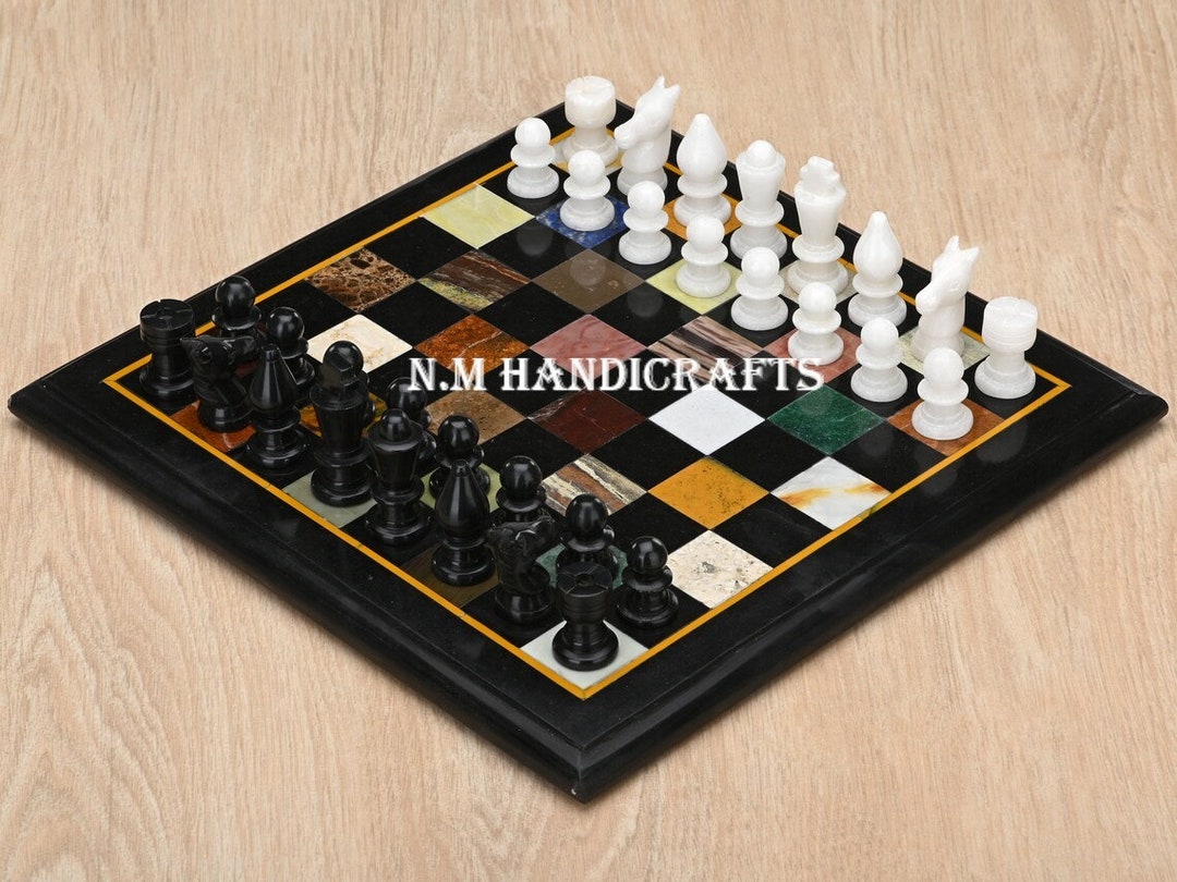 Black Marble Chess Set, Multi Color Chess Squares, Stone Chess Set ...